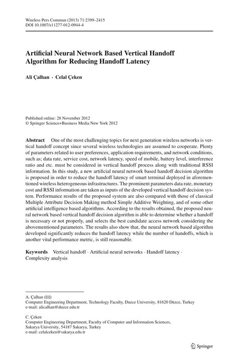 pdf artificial neural network based vertical handoff algorithm for