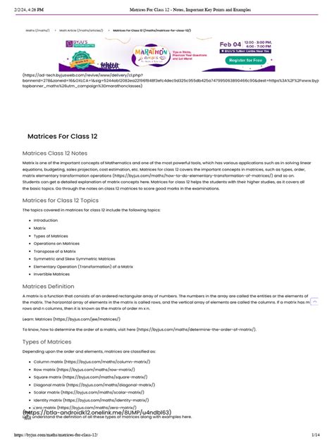 Matrices For Class 12 Notes Important Key Points And Examples Download Free Pdf Matrix