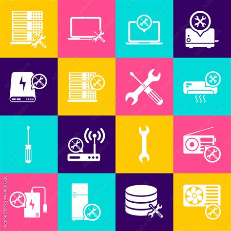 Set Air Conditioner Service Radio Laptop Database Server Power Bank And Crossed Screwdriver