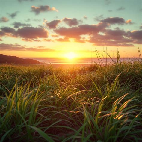 Sunset Hues Transform A Green Grass Scene Into A Tranquil Setting Stock