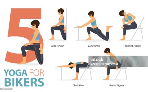 5 요가 포즈 또는 자전거 개념에서 운동에 대 한 아사나 자세 여성 운동 몸 스트레칭 피트니스 인포그래픽 플랫 만화 벡터 요가에 대한 스톡 벡터 아트 및 기타 이미지