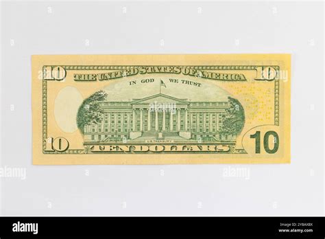 Close Up Of A Us Ten Dollar Bill Back Side Featuring The Us