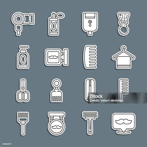 세트 라인 이발소 헤어 브러시 옷걸이에 수건 남성용 전기 면도날 크림 로션 화장품 튜브 건조기 및 아이콘 벡터 가위에 대한 스톡 벡터 아트 및 기타 이미지 Istock