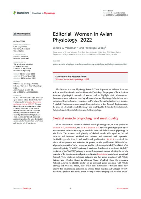 Pdf Editorial Women In Avian Physiology 2022