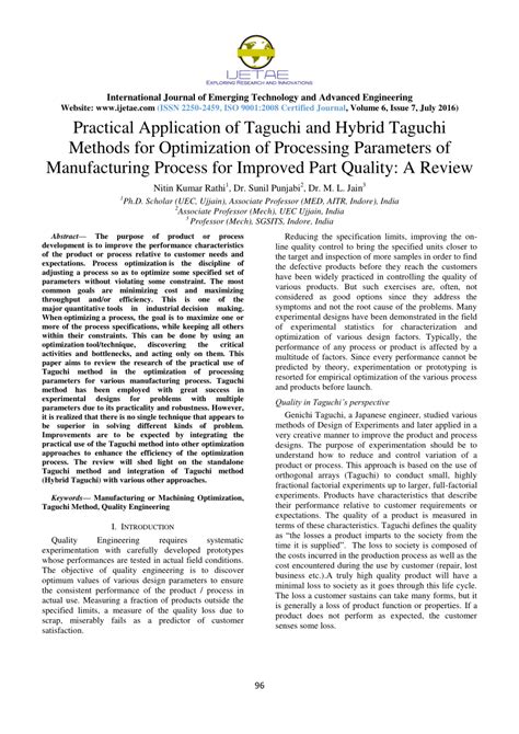 Pdf Practical Application Of Taguchi And Hybrid Taguchi Methods For Optimization Of Processing