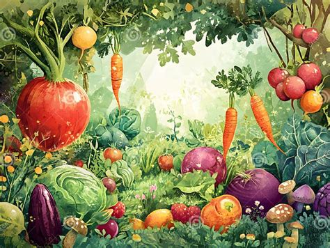 A Whimsical Illustration Of A Magical Garden Where Vegetables And