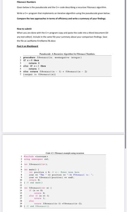 Solved Fibonacci Numbers Given Below Is The Pseudocode And