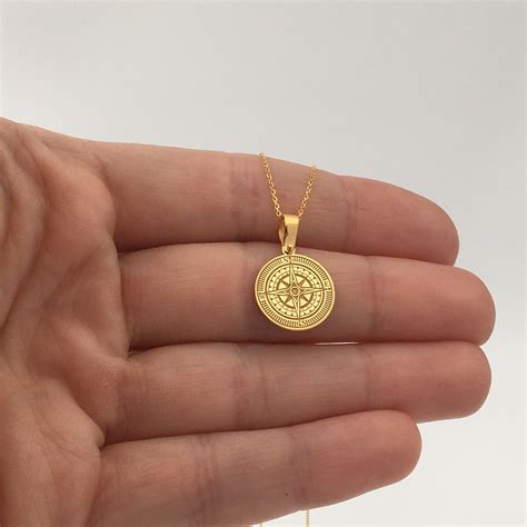 14k Solid Gold Compass Necklace Personalized Traveler Pendant Etsy