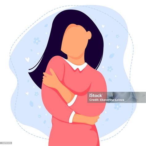 자신을 껴안고 있는 여자 자기 사랑 개념 플랫 스타일의 벡터 일러스트 가공의 인물에 대한 스톡 벡터 아트 및 기타 이미지