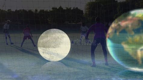 Soccer Players On Field With Planet Animation Over Net And Grass Stock Footage Video Of