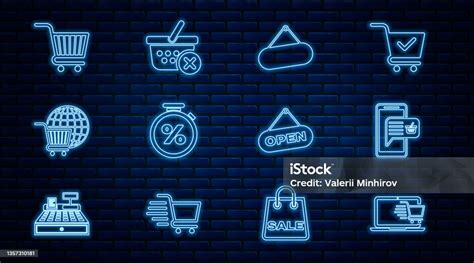 노트북 모바일 및 쇼핑 바구니 간판 매달려 스톱워치 퍼센트 글로브 매달려 표지판 오픈 도어 및 제거 아이콘에 라인 쇼핑 카트를 설정합니다 벡터 공란에 대한 스톡 벡터 아트