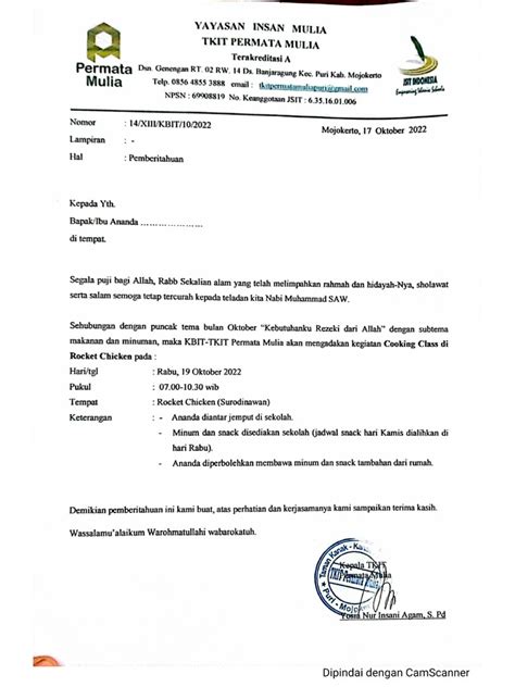 Pemberitahuan Outing Cooking Class Pdf