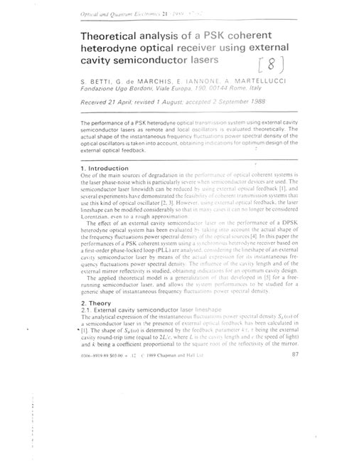 Pdf Theoretical Analysis Of A Psk Coherent Heterodyne Optical Receiver Using External Cavity