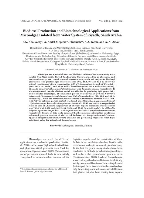 Pdf Biodiesel Production And Biotechnological Applications From Microalgae Isolated From Water