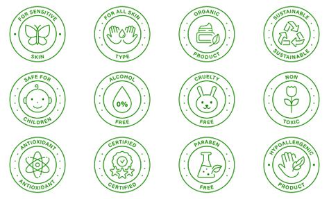 천연 바이오 화장품 라인 스탬프 생태 스킨케어 메이크업 그린 라벨 세트 친환경 화장품 성분 스티커 상징 잔인 함 무료 인증서 인감 격리된 벡터 일러스트 레이 션 무알코올에