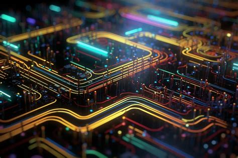 Premium Ai Image Closeup Of Circuit Board Components With Vibrant Lines Representing The Flow