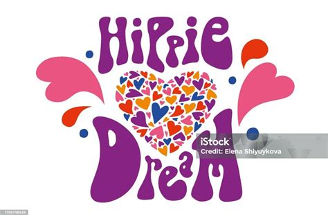 히피 드림 레터링과 하트 만화 스타일 펑키 레트로 스타일 트렌디 한 현대 벡터 일러스트 레이 션은 흰색 배경에 고립 손으로 그린