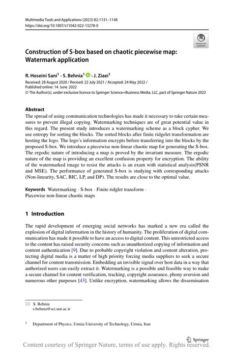 Construction Of S Box Based On Chaotic Piecewise Map Watermark Application Request Pdf