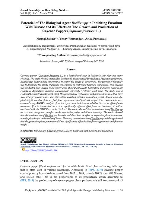 Pdf Potential Of The Biological Agent Bacillus Spp In Inhibiting Fusarium Wild Disease And Its