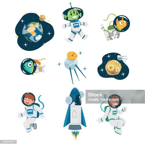 우주 비행사 캐릭터 우주 복 셔틀 및 행성 벡터 세트 개에 대한 스톡 벡터 아트 및 기타 이미지 개 과학 귀여운 Istock