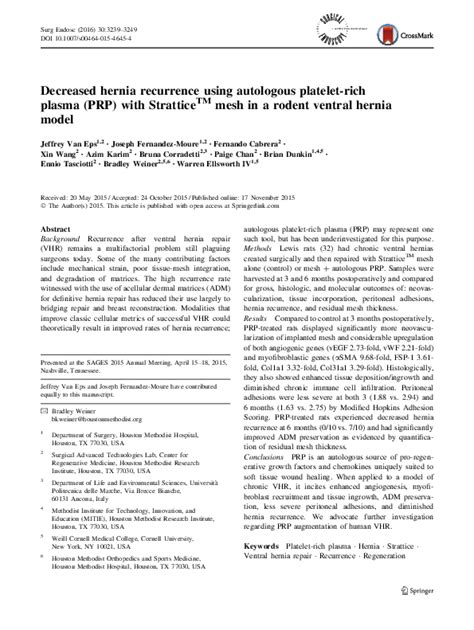 Pdf Decreased Hernia Recurrence Using Autologous Platelet Rich Plasma