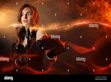 beautiful woman with microphone singing in color lights audio