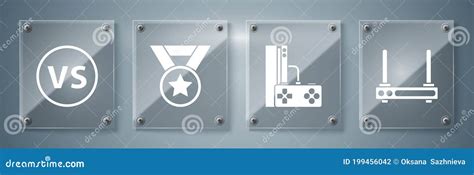 Set Router And Wi Fi Signal Game Console With Joystick Medal And Vs Versus Battle Square