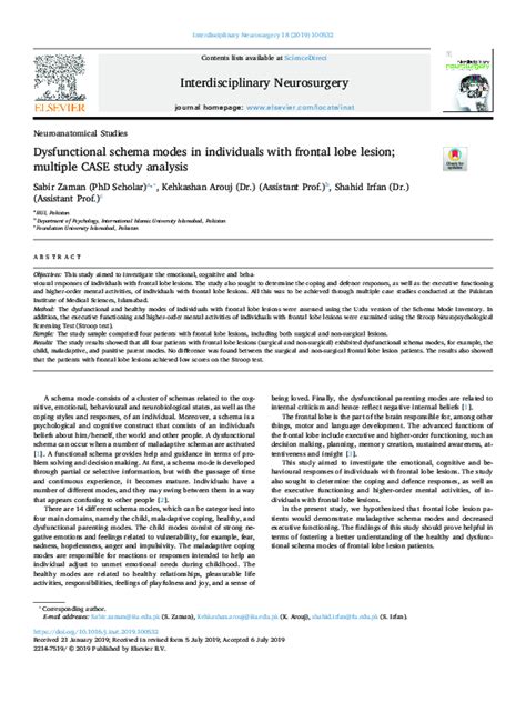 Pdf Dysfunctional Schema Modes In Individuals With Frontal Lobe Lesion Multiple Case Study