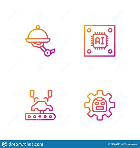 Set Line Robot Robotic Robot Arm On Factory Waiter And Processor With Microcircuits Cpu