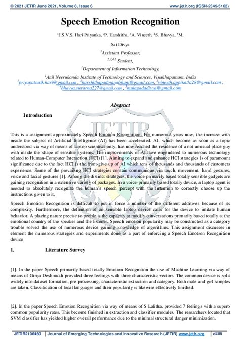 Pdf Speech Emotion Recognition
