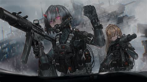 Soldier Two Women Girls With Guns Fist Short Hair Long Hair