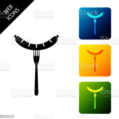 흰색 배경에 격리 증기 아이콘과 포크에 소시지 구운 소시지와 아로마 사인 설정 아이콘 다채로운 사각형 버튼 벡터 일러스트레이션 가공육에 대한 스톡 벡터 아트 및 기타 이미지