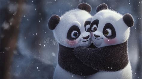 Two Pandas Hugging In Snowy Winter Scene Stock Image Image Of Pandas Adorable 356681799
