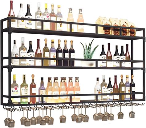 Floating Wine Storage Shelf With Led Light And Glass Holder Industrial