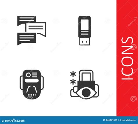 Set Cyber Security Speech Bubble Chat Artificial Intelligence Robot And Usb Flash Drive Icon