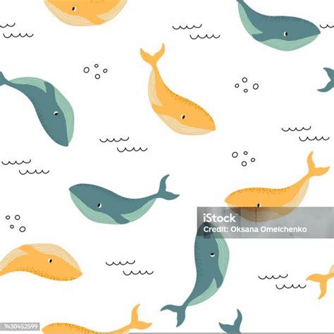 고래와 벡터 원활한 패턴 수중 만화 생물 해양 배경 직물 어린이 의류 섬유 포장지를위한 귀여운 바다 패턴 0명에 대한 스톡 벡터