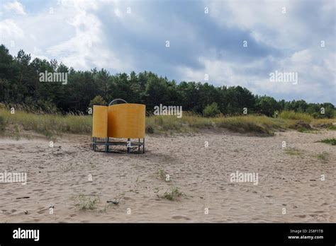 Yellow Changing Room On The Beach Stock Photo Alamy