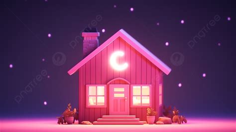야간에 만화 핑크 하우스의 사랑스러운 3d 렌더링 집 모델 임차료 부동산 개념 배경 일러스트 및 사진 무료 다운로드