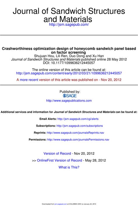 Pdf Crashworthiness Optimization Design Of Honeycomb Sandwich Panel Based On Factor Screening