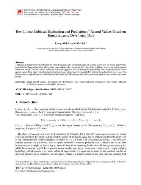 Pdf Best Linear Unbiased Estimation And Prediction Of Record Values Based On Kumaraswamy