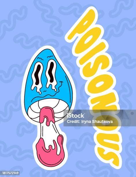 독버섯 포스터 그루비 스타일 추상적인 배경에 녹은 웃는 얼굴을 가진 만화 캐릭터 빈티지 엽서입니다 벡터 일러스트 레이 션입니다 가공의 인물에 대한 스톡 벡터 아트 및 기타