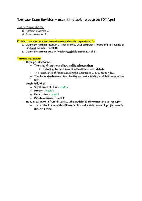 Tort Law Exam Revision Claims Concerning Intentional Interferences With The Person Week 3