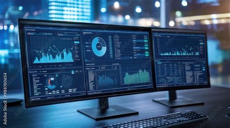 Computer Monitor Displaying An Abstract Dashboard With Data Analytics Graphs And Charts Stock