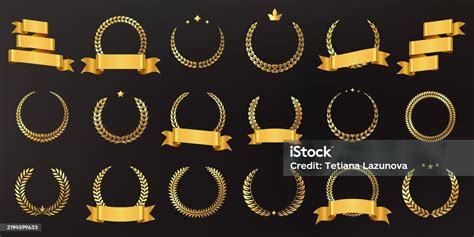리본이 달린 황금 월계관 수상자 성공 증명서 배지 프리미엄 품질 달성 아이콘 빈티지 장식 요소 벡터 세트 개체 그룹에 대한 스톡 벡터 아트 및 기타 이미지 Istock
