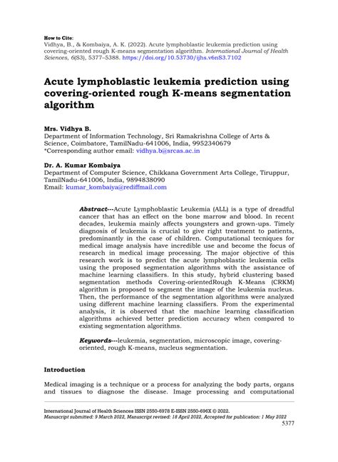 Pdf Acute Lymphoblastic Leukemia Prediction Using Covering Oriented Rough K Means Segmentation