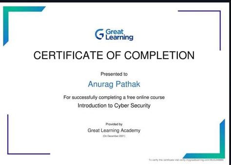 Completed Introduction To Cybersecurity With Great Learning Anurag