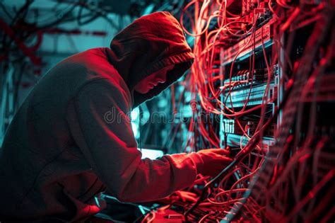 Hooded Figure Working On Complex Server Network System Red And Blue