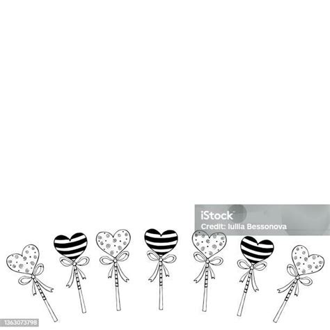 벡터 배경 프레임 하단 가장자리에 활과 심장 모양의 롤리팝에서 테두리 테두리 칸막이 인사말 카드 장식 초대장 사탕 가게 발렌타인 데이 가장자리에 대한 스톡 벡터 아트 및