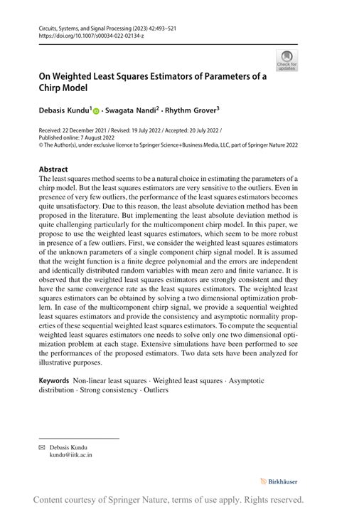 On Weighted Least Squares Estimators Of Parameters Of A Chirp Model Request Pdf