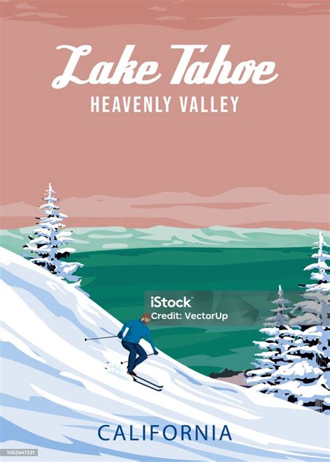 레이크 타호 스키 여행 리조트 포스터 빈티지 캘리포니아 미국 겨울 풍경 여행 카드 벡터에 대한 스톡 벡터 아트 및 기타 이미지 벡터 스키 연습장 가문비나무 Istock